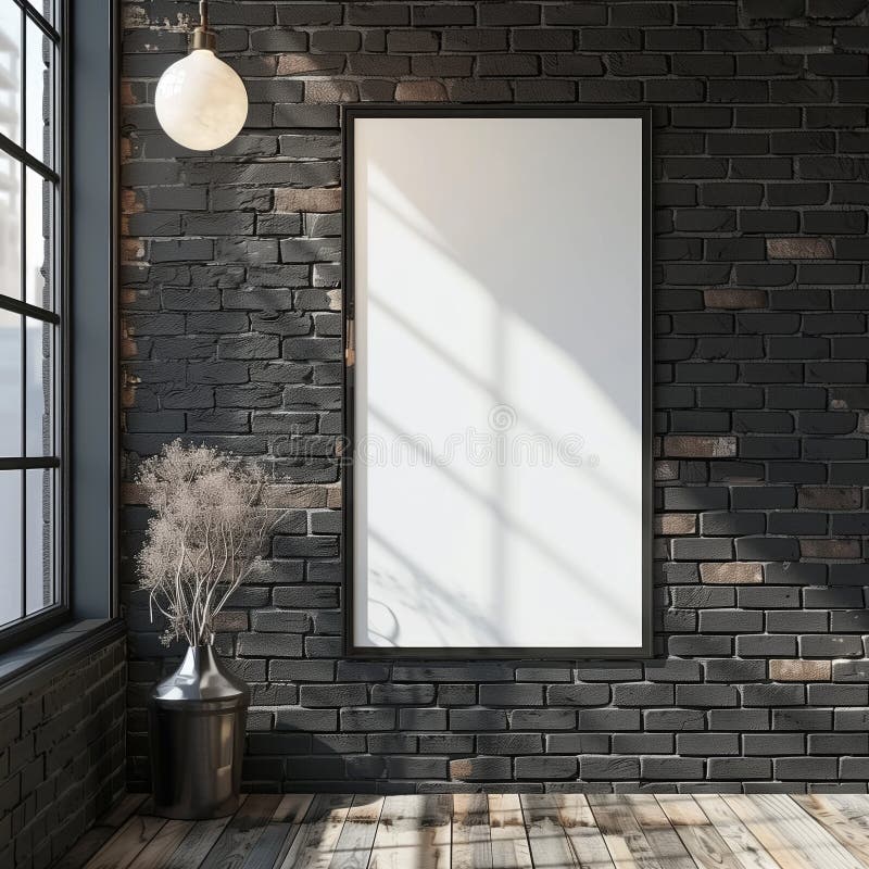 Mock Up Poster Frame in Interior with Brick Wall, 3d Render Stock ...