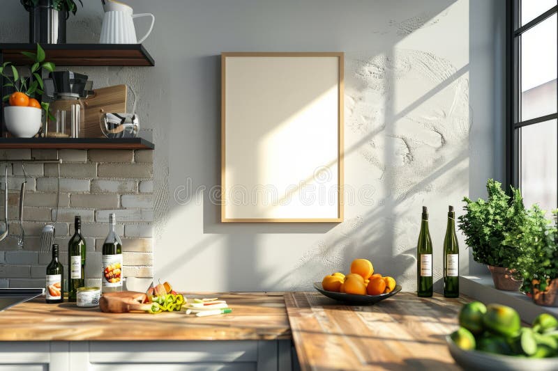 Mock Up Poster Frame in Interior Kitchen Stock Illustration ...