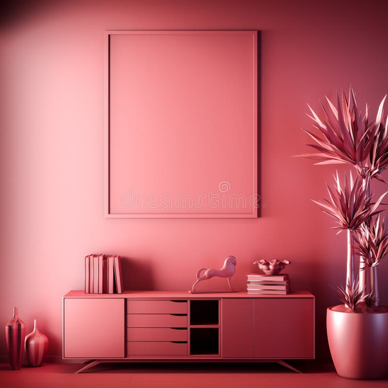 Mock Up Poster Frame in Interior, Red Color, Clay Render, 3D ...