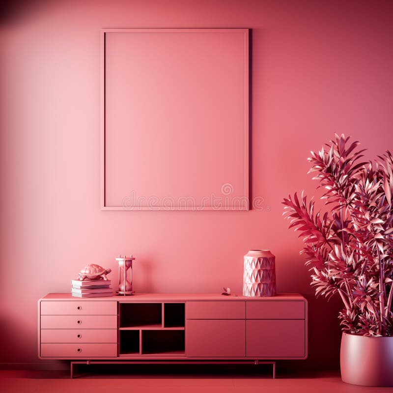 Mock Up Poster Frame in Interior, Red Color, Clay Render, 3D ...