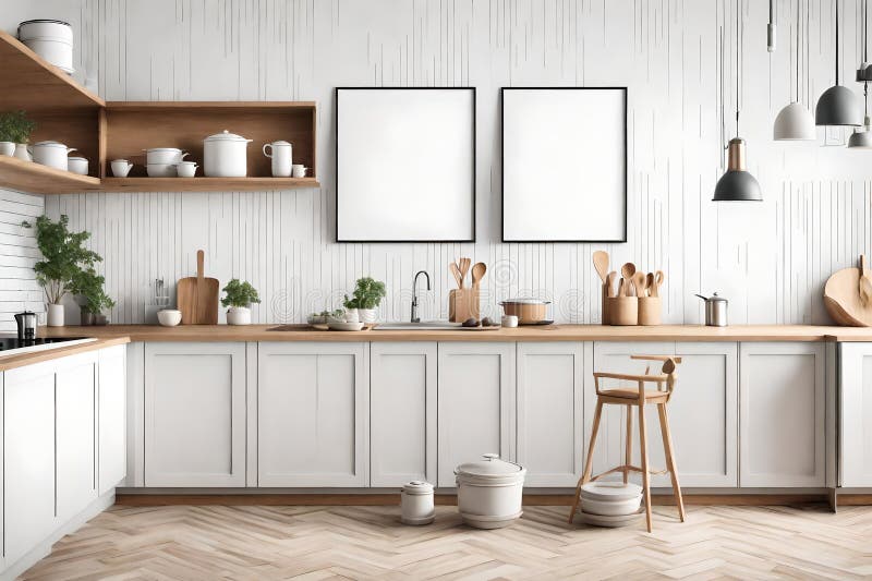 Mock Up Poster Frame in Kitchen Interior, Scandinavian Style, Panoramic ...