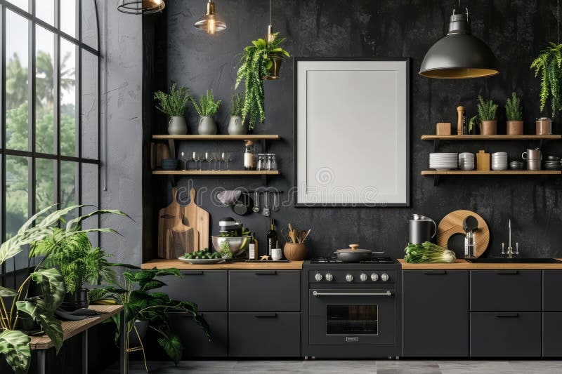 Mock Up Poster Frame in Modern Kitchen Stock Illustration ...