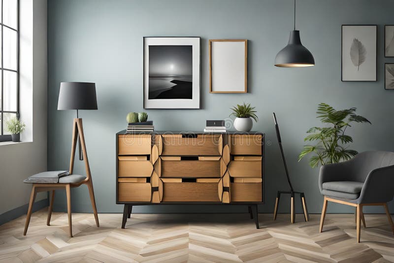 Mock Up Poster Frame with on Retro Chest of Drawers, Interior Stock ...