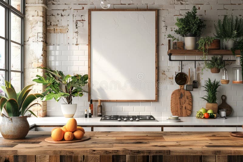 Mock Up Poster Frame in Rustic Kitchen Stock Illustration ...