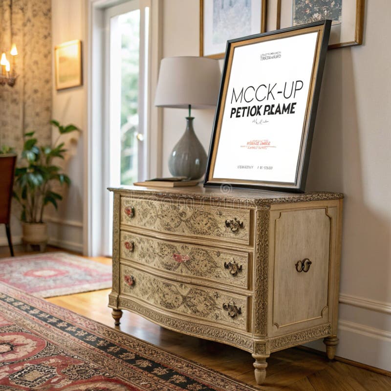 Mock Up Poster Frame on Vintage Chest of Drawers Interior with Stock ...