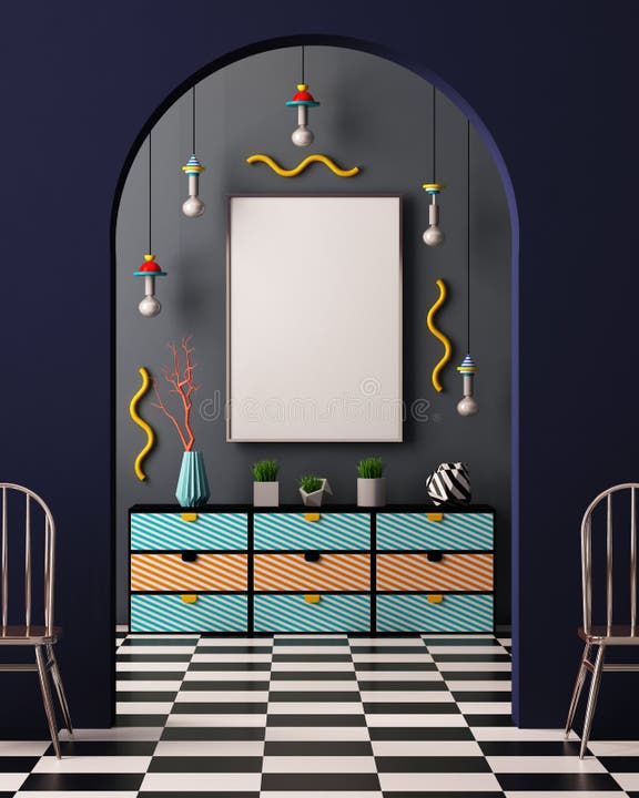 Mock Up Poster in the Interior in the Style of Memphis. 3d Illustration ...