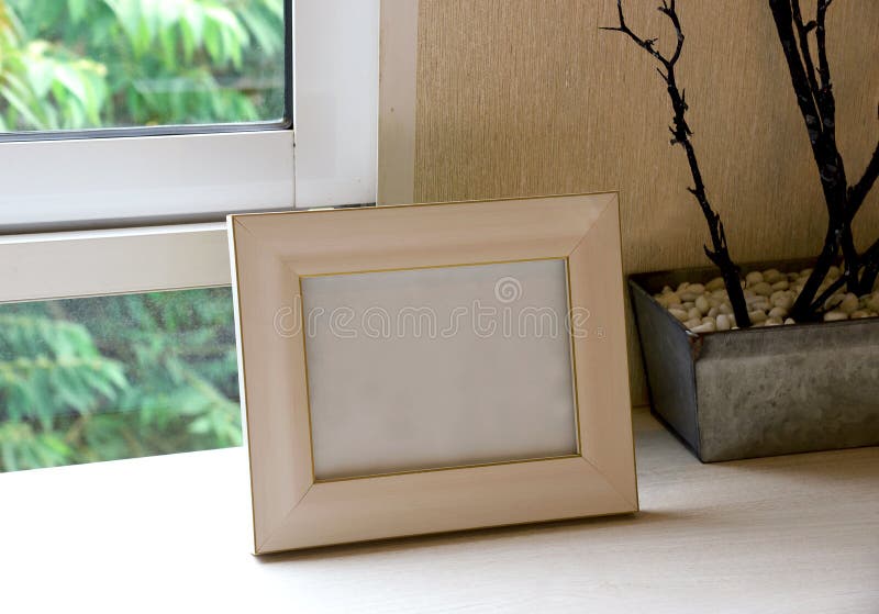 Mock Up Poster on Table with Window and Green Tree Outside. Stock Photo ...