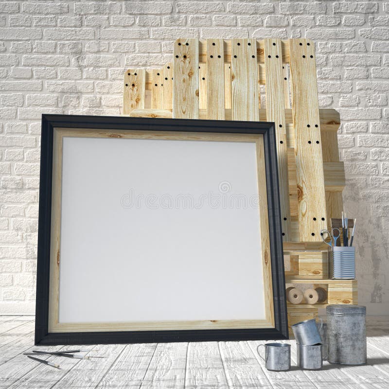 Mock Up Posters Frames in Art Atelier, 3D Render Stock Illustration ...