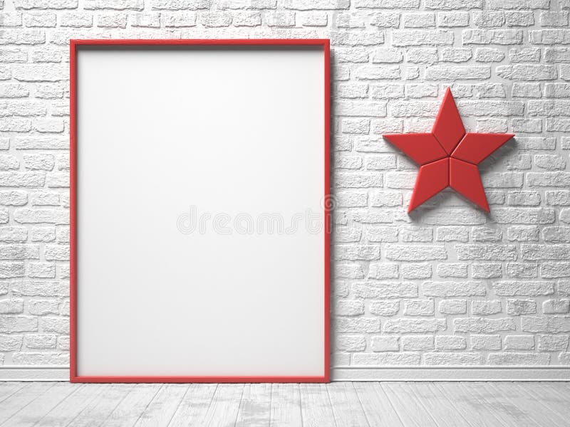 Mock-up Red Canvas Frame, Red Star Decor and Brick Wall. 3D Stock ...