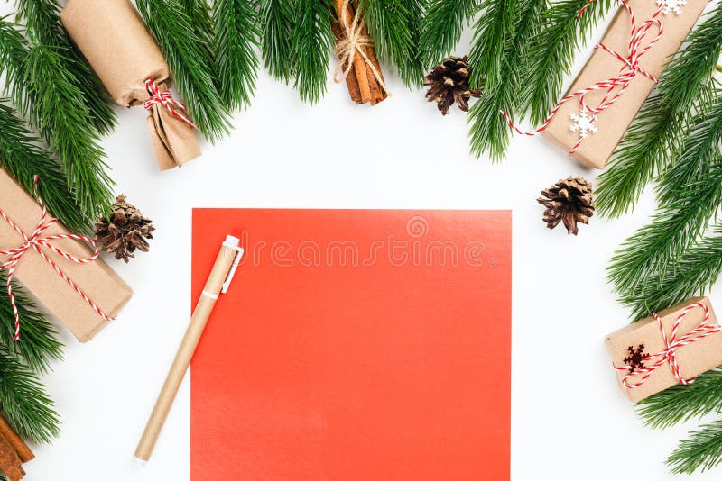 Mock Up Red Empty Postcards on White Table in Frame of Christmas Tree ...