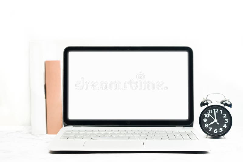 Mock Up Screen on Laptop and Alarm Clock with White Background Stock ...