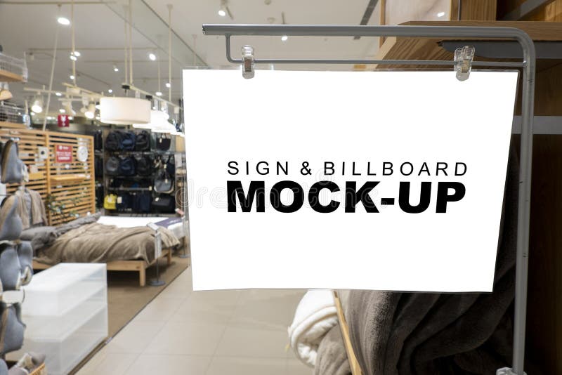 Mock Up Signboard Hanging In Bedding Store Stock Photo - Image of blank ...