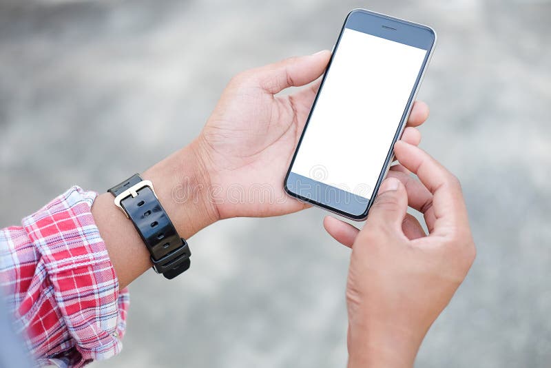 Mock Up Smartphone of Hand Holding Black Mobile Phone with Blank White ...