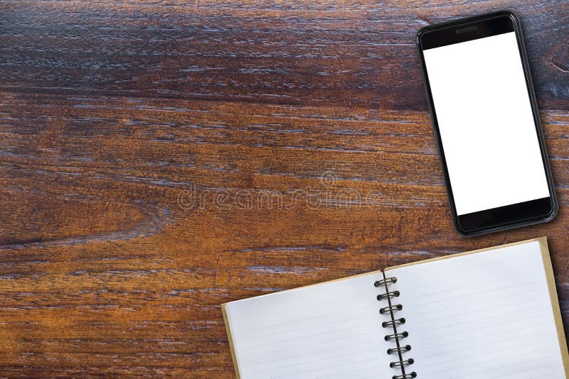 Mock Up, Smartphone White Screen and Empty Book on Desk Stock Photo ...
