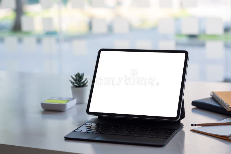Mock Up. Tablet Blank White Screen on Desk Office Stock Photo - Image ...