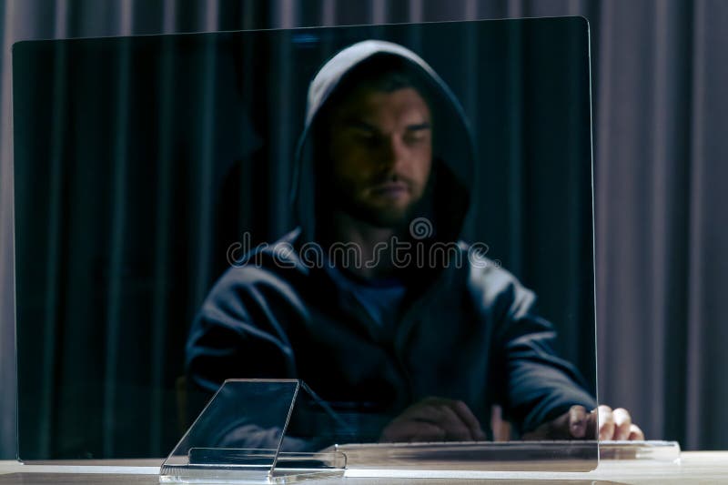 Mock-up Template. Hacker in Black Hood Use Computer and Success in ...