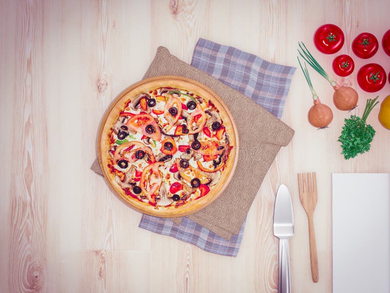 Mock Up Template Pizza on a Wooden Table. Stock Image - Image of deluxe ...