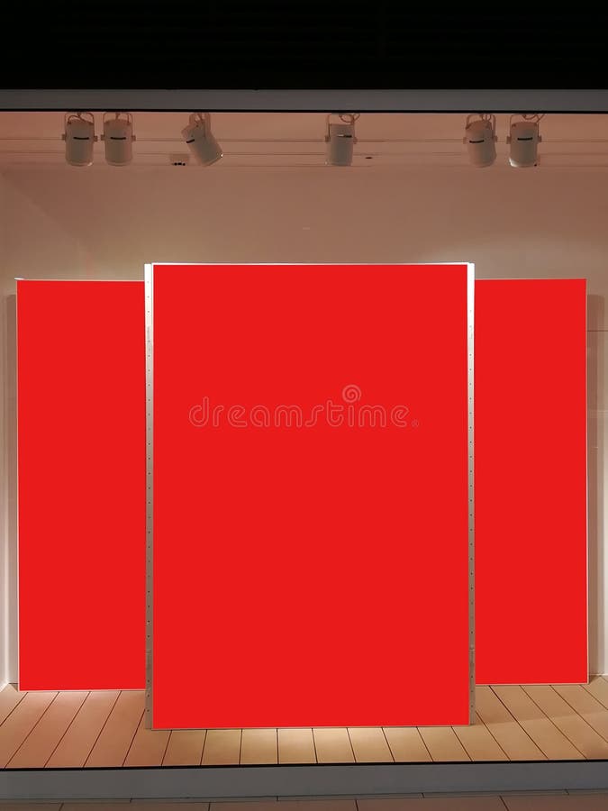 Mock Up. Three Red Banners in the Showcase of Store in Shopping Mall ...
