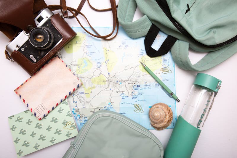 Mock Up Tourist Set Items Map Backpack Stock Photo - Image of items ...