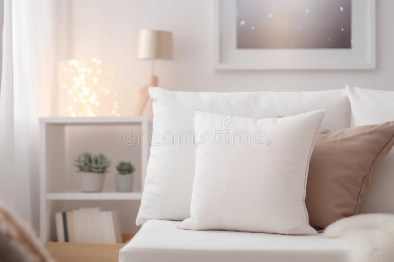 Mock Up. White Cushion on Couch in Living Room Interior Stock ...