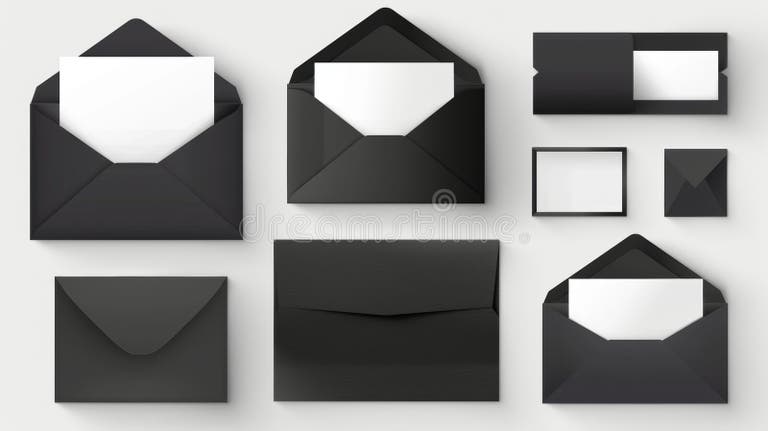 Mock Up of a White Envelope, a Letter Package with Black Sheets, and a ...