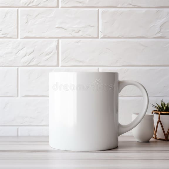 Mock Up of White Mug on a Kitchen Table with Tiles on a Wall Stock ...