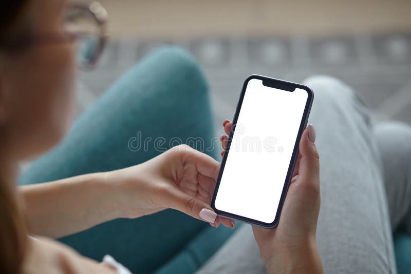 Mock Up White Screen Blank Mobile Phone in Woman Hands Holding Back ...