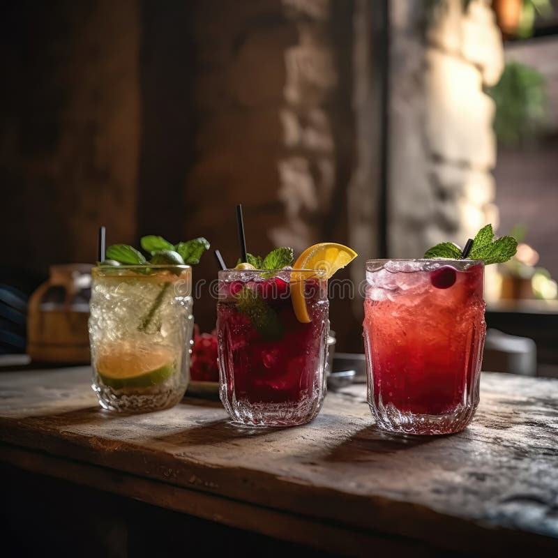 Mocktails Nonalcoholic Cocktails on Stone in Rustic Pub. Generative AI ...