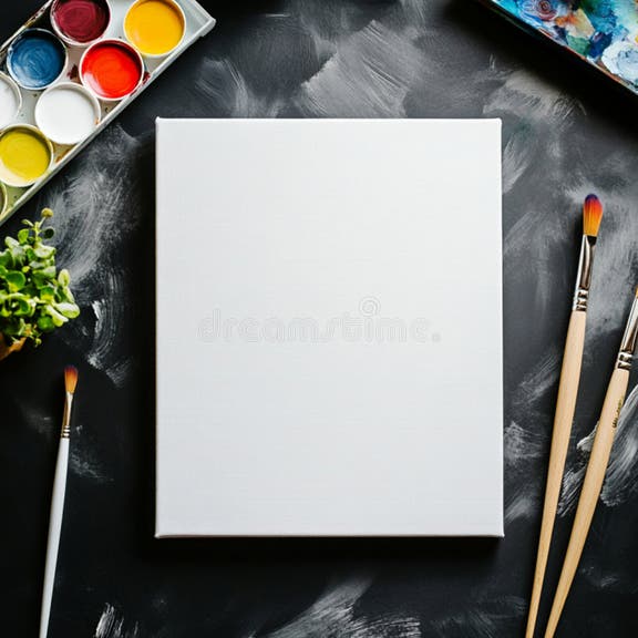 Mockup Artist Canvas in Rectangle Format on Grey Table. Format Top View ...