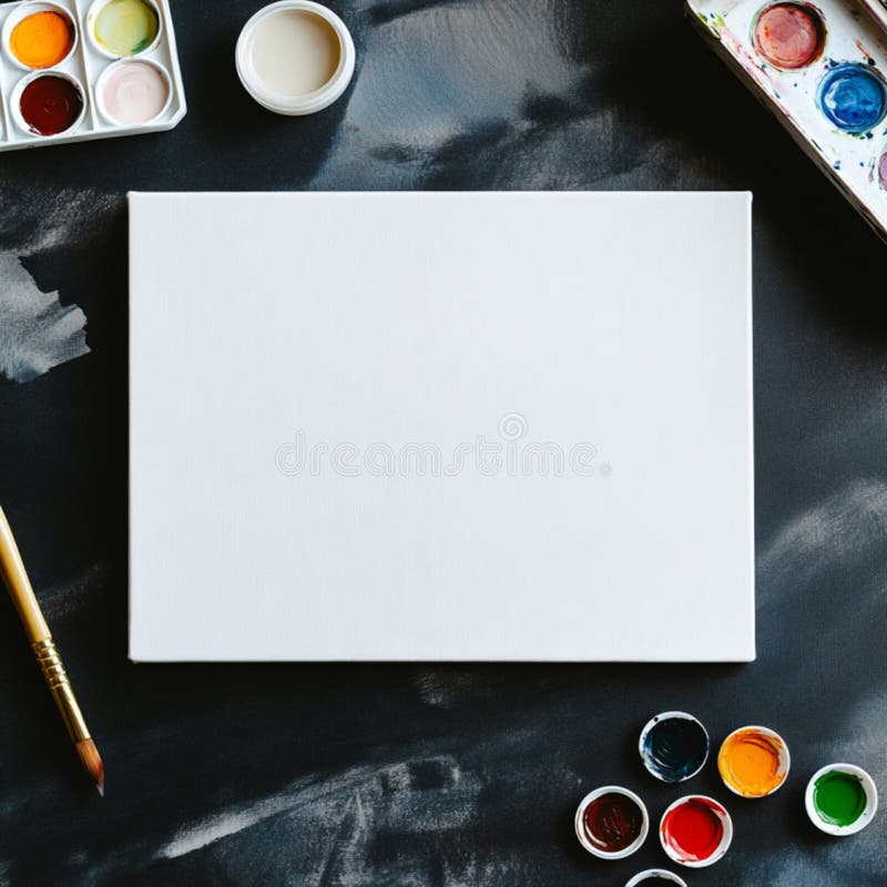 Mockup Artist Canvas in Rectangle Format on Grey Table. Format Top View ...