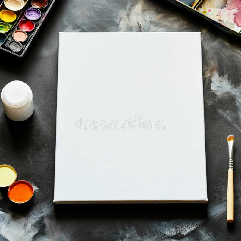 Mockup Artist Canvas in Rectangle Format on Grey Table. Format Top View ...
