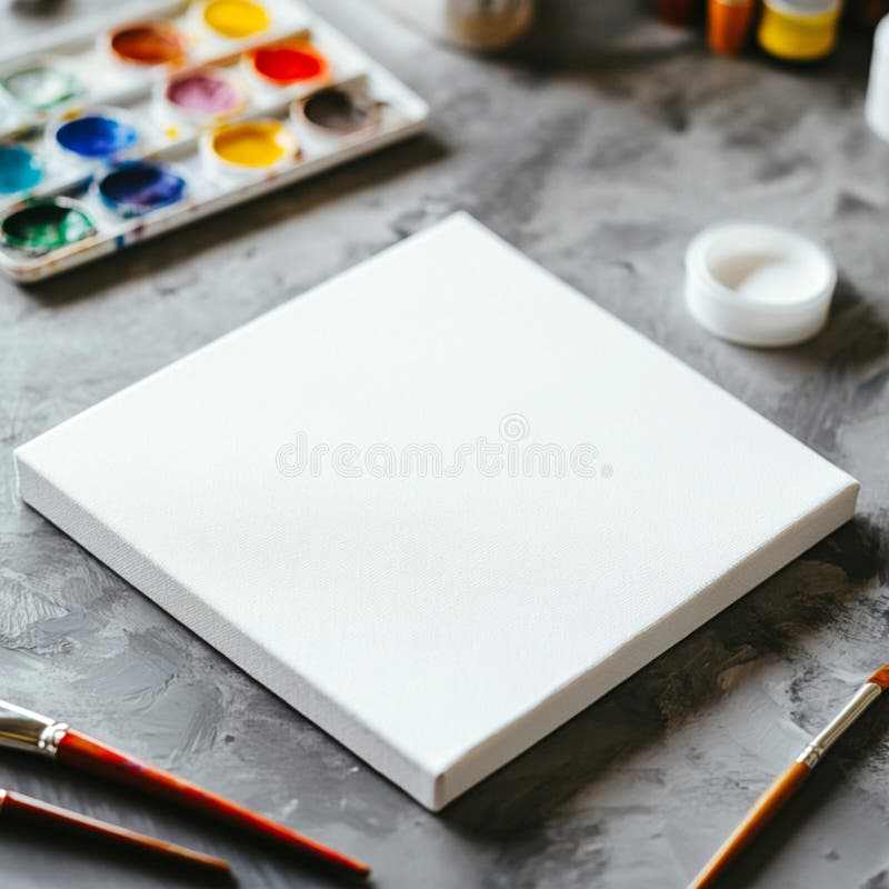 Mockup Artist Canvas in Square Format on Grey Table. Format Top Side ...
