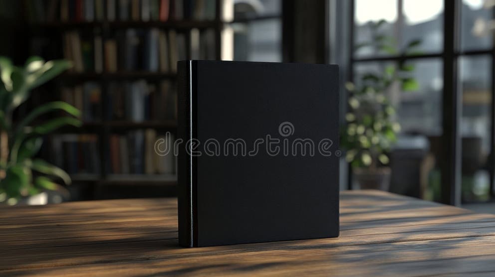 A Mockup of a Black Blank Book Cover on a Table in a Library Stock ...