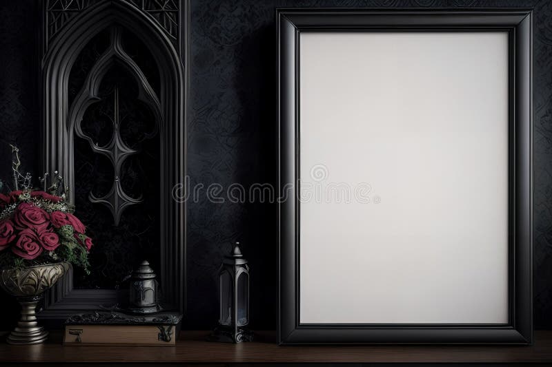 Mockup of Black Frame in Dark Gothic Interior Stock Photo - Image of ...