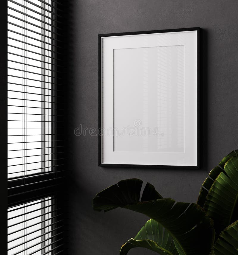Mockup Black Poster Frame in Modern Dark Black Interior Background with ...