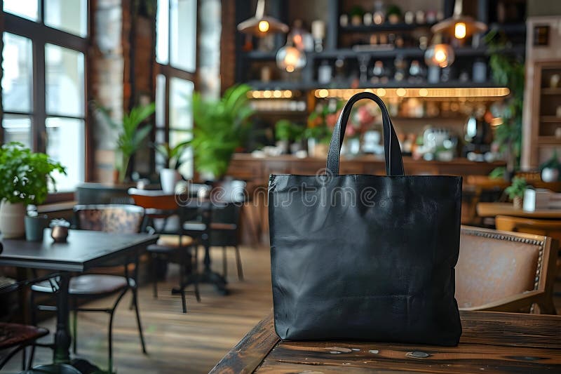 Mockup of a Black Tote Bag in a Cafe Setting with Empty Interior ...