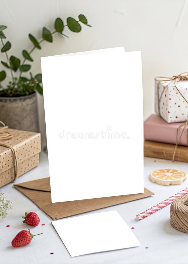 Mockup. a Blank Card is Propped Upright on a Brown Envelope, Set on a ...