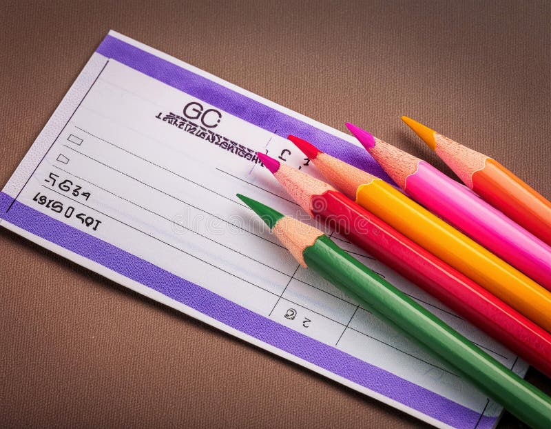 Mockup Blank Check with Colorful Pencils on Brown Surface. Accounting ...