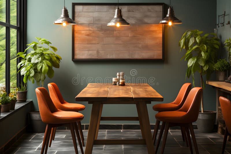 A Mockup with Blank Frame on the Wall Above the Table in a Modern Cafe ...