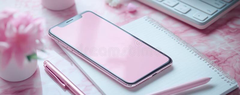 Mockup of a Blank IPhone Screen on a Pink Marble Surface with Flowers ...