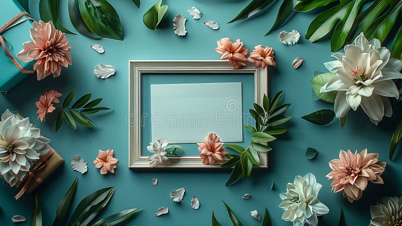 Mockup of a Blank Postcard Frame on a Table with Flowers, Flat Lay ...