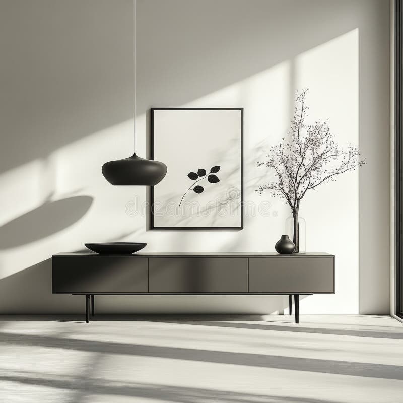 Mockup of Blank Poster Above Modern Cabinet on Dark Wall with 3D ...