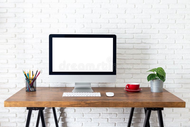 Mockup Blank Screen Computer on Wooden Desk. Desktop Empty White Screen ...