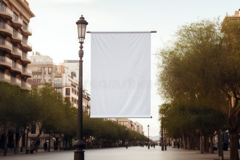 A Mockup of a Blank White Polyester Banner Hanging from the Top of a ...