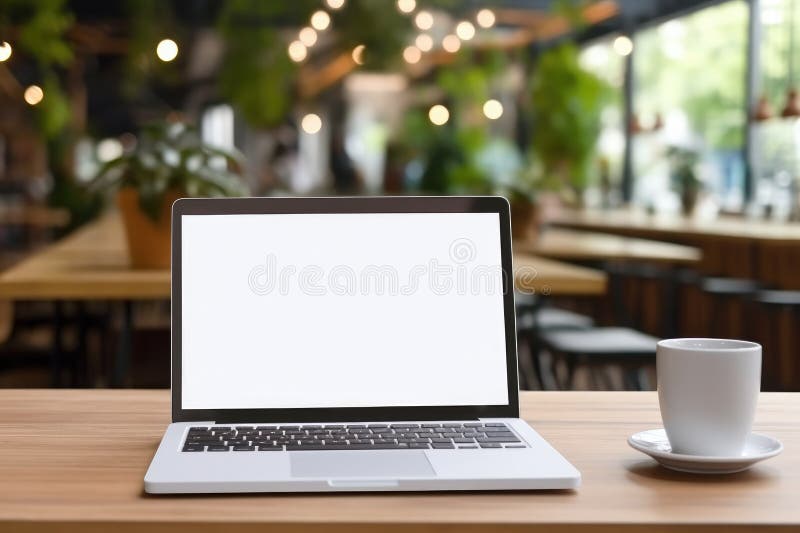 Mockup Blank White Screen Laptop on Wood Table in Blur Co-working Space ...