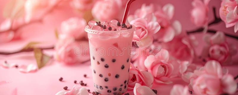 Mockup. Bubble Tea on a Light Rose Background, Offering a Romantic and ...