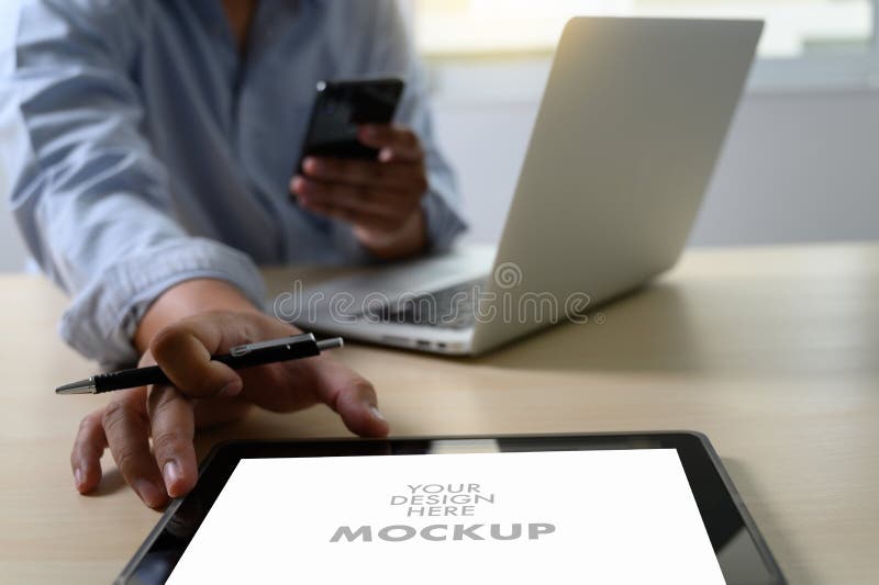 Mockup of Business Man Using Laptop Screen for Your Advertising Text ...
