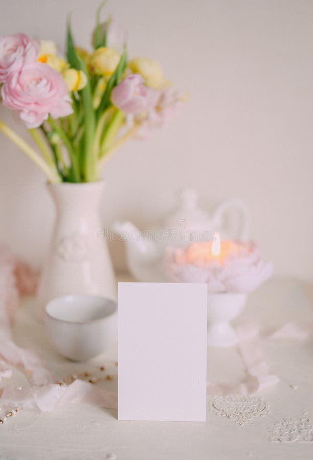Mockup Card Soft Spring Table Setting Pastel Flowers Stock Photos ...
