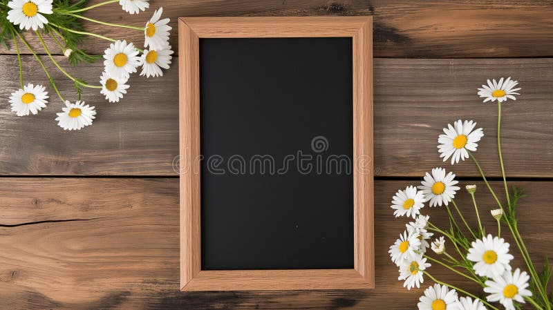Mockup Chalkboard Frame with Wild Chamomiles on Rustic Table, Ai ...