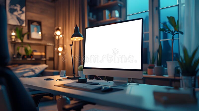 Mockup Computer with Blank Screen on Desk in Office at Night Cinematic ...